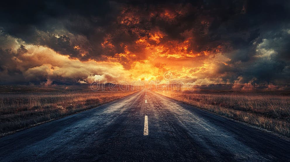 Dramatic Sunset Over a Highway: Fiery Sky and Dark Clouds Stock ...