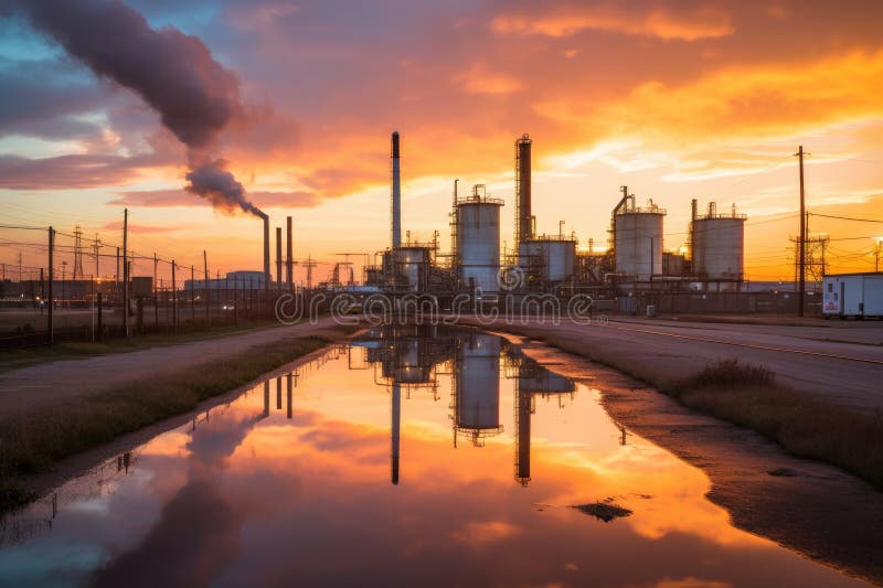 Dramatic Sunset Over Industrial Refinery Mirrored in Water Stock ...