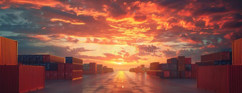 Dramatic Sunset Over Industrial Shipping Container Stock Image - Image ...