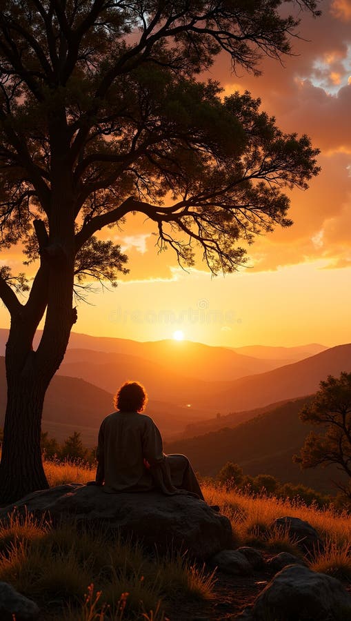Dramatic Sunset Over Lone Figure Under Tree in Wilderness Stock ...