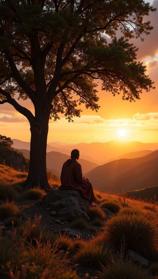 Dramatic Sunset Over Lone Figure Under Tree in Wilderness Stock ...