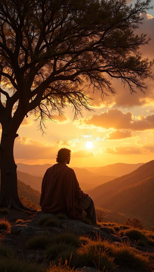 Dramatic Sunset Over Lone Figure Under Tree in Wilderness Stock ...