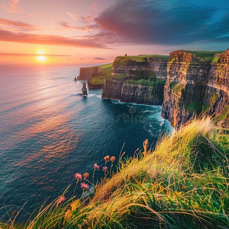 Stunning Sunset Over Ocean Cliffs Wildflowers Stock Photos - Free ...