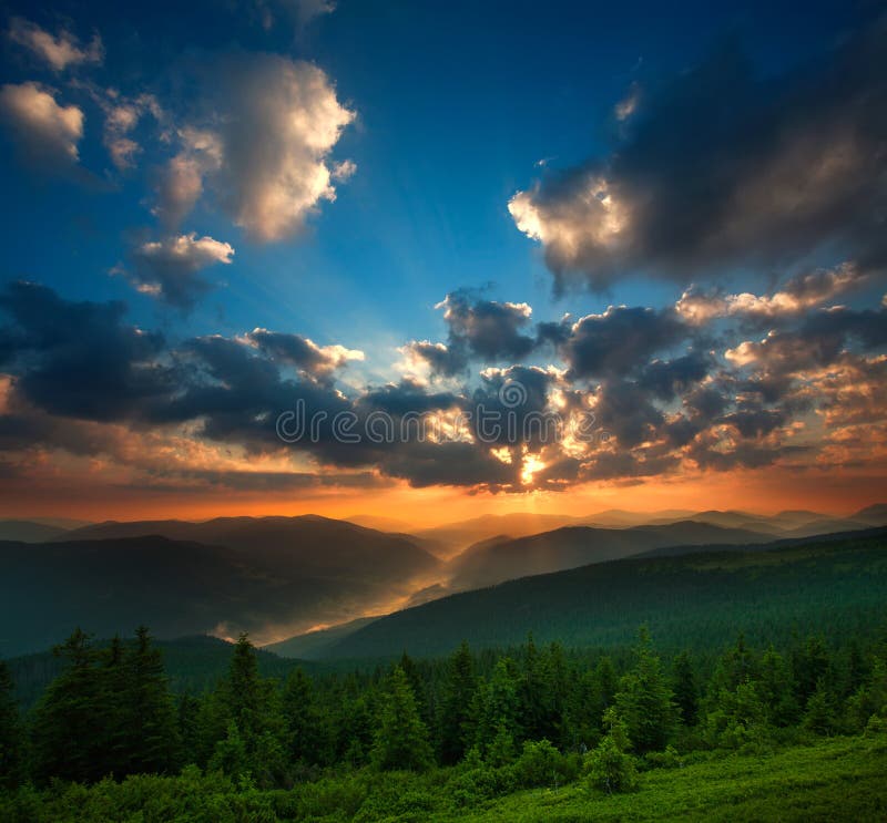 Dramatic Sunset Over Mountains and Green Pine Forest Stock Image ...