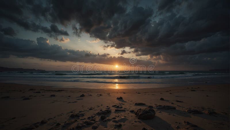 Dramatic Sunset Over Ocean Beach with Dark Clouds and Gentle Waves at ...