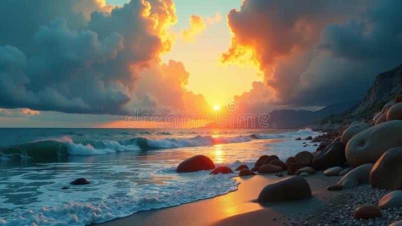 Dramatic Sunset Over Ocean Beach with Large Rocks Stock Illustration ...