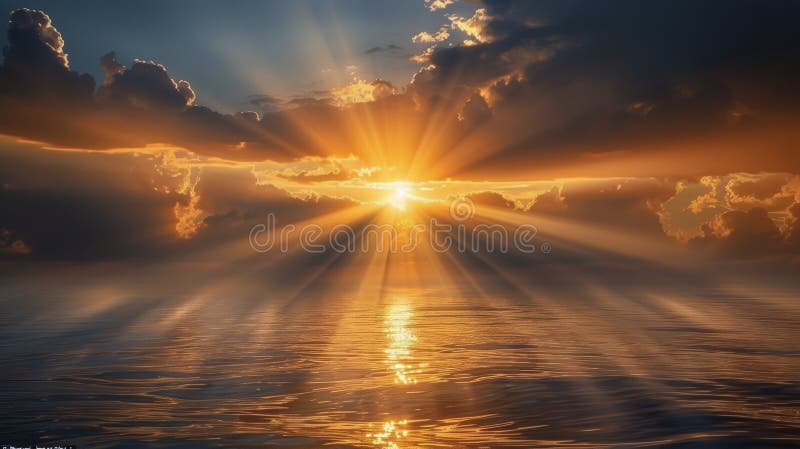 Dramatic Sunset Over the Ocean with Golden Rays of Light Stock Image ...
