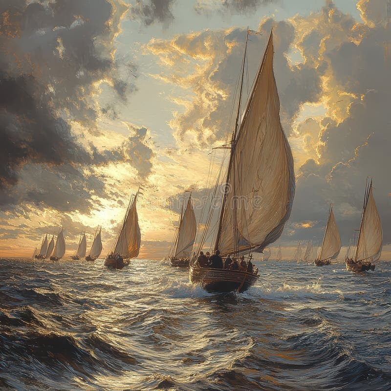 Dramatic Sunset Over Ocean with Multiple Sailing Ships in Motion Stock ...