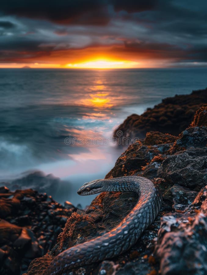 Dramatic Sunset Over the Ocean with a Snake on the Rocks Stock ...
