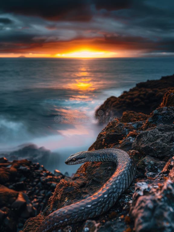 Dramatic Sunset Over the Ocean with a Snake on the Rocks Stock ...