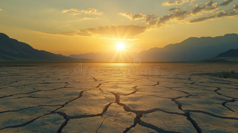 Dramatic Sunset Over Parched Cracked Earth in Desert Landscape with ...