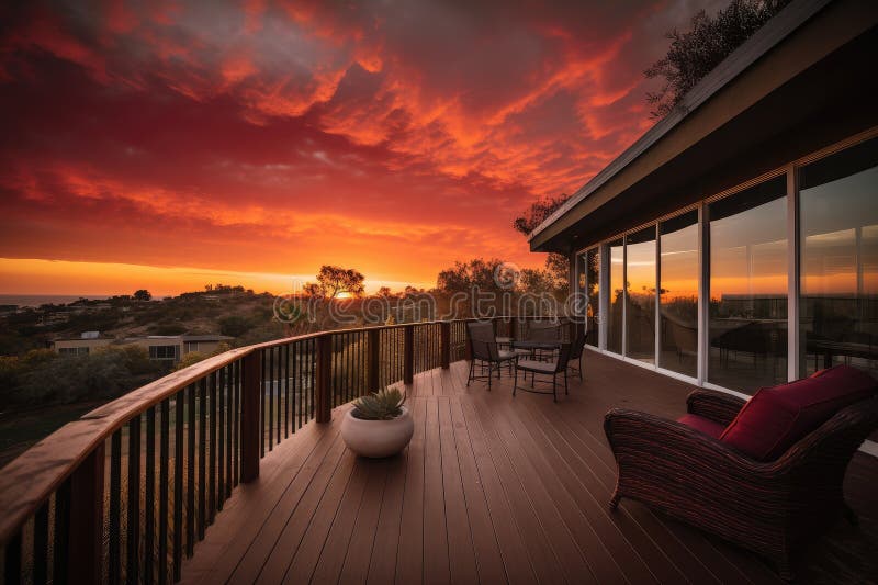 Dramatic Sunset Over Patio and Deck with View of the Horizon Stock ...