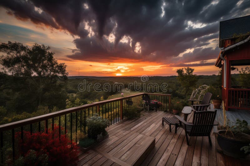 Dramatic Sunset Over Patio and Deck with View of the Horizon Stock ...