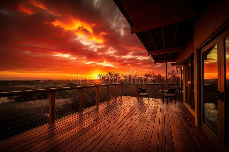 Dramatic Sunset Over Patio and Deck with View of the Horizon Stock ...