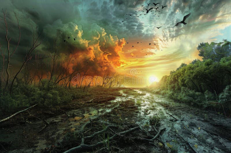 Dramatic Sunset Over Post-Apocalyptic Landscape with Stormy Sky and ...