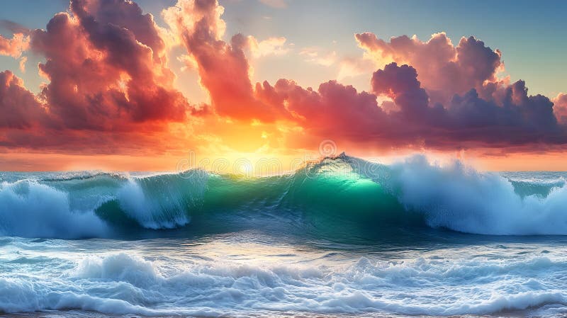 Dramatic Sunset Over Powerful Ocean Waves Stock Illustration ...