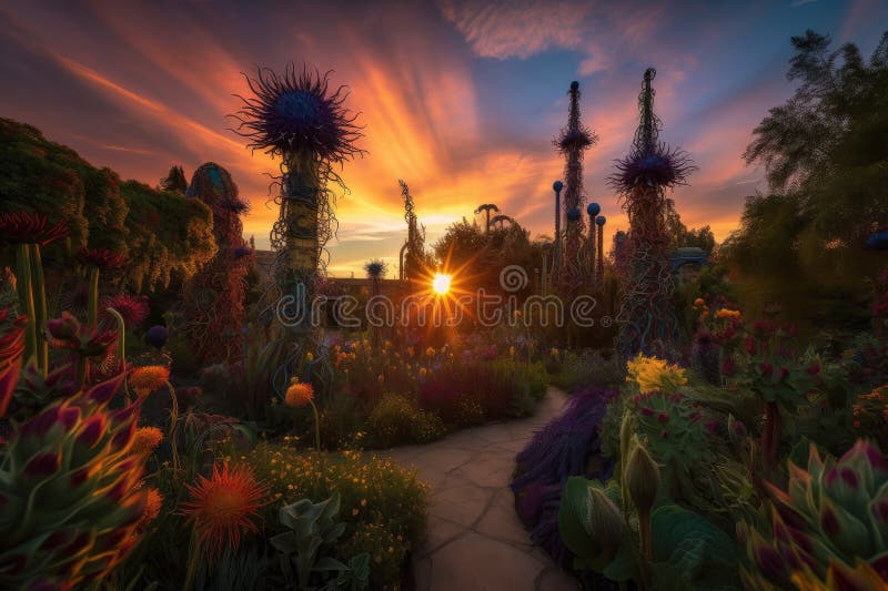 Dramatic Sunset Over Psychedelic Garden, with Towering Plants and ...