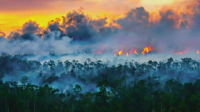 Dramatic Sunset Over Rainforest with Fire and Fog Stock Video - Video ...