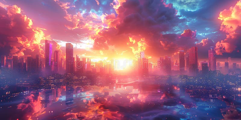 Dramatic Sunset Over a Reflective Cityscape with Clouds. Stock Photo ...