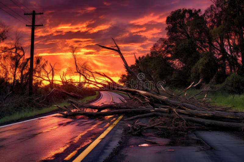 Dramatic Sunset Over a Road Blocked by a Fallen Tree after a Storm ...