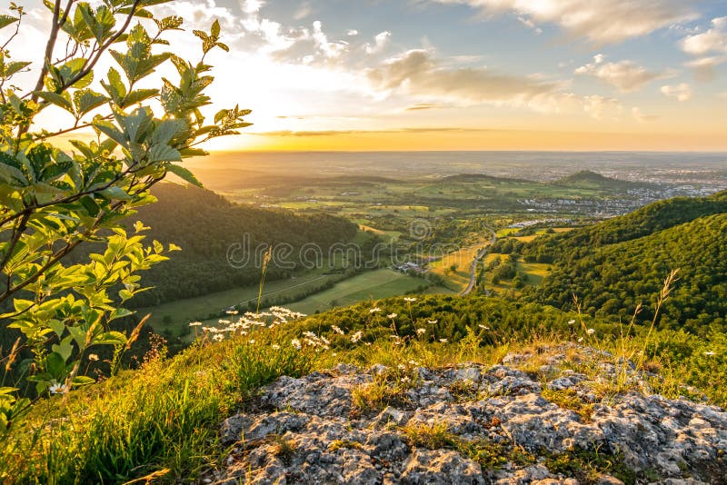 Dramatic Sunset Over Rock Ledge in the Swabian Alps in Southern Germany ...