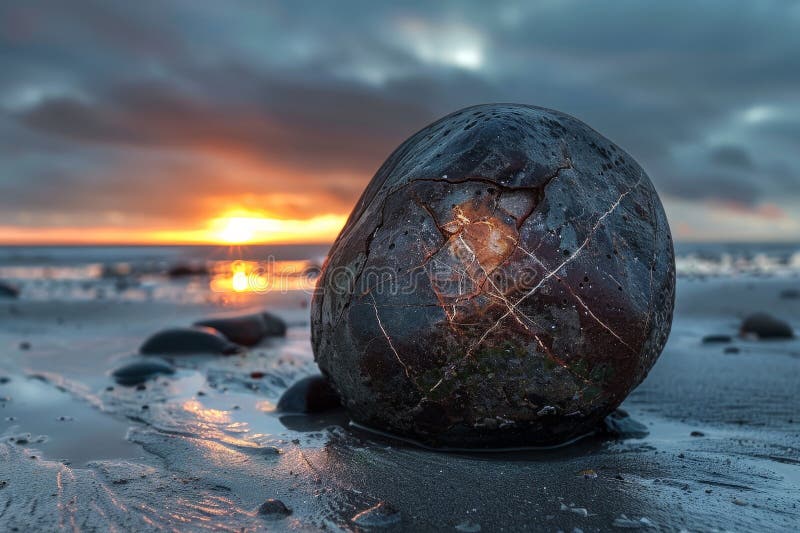 Dramatic Sunset Over Rocky Beach with Cracked Stone Sphere Stock ...