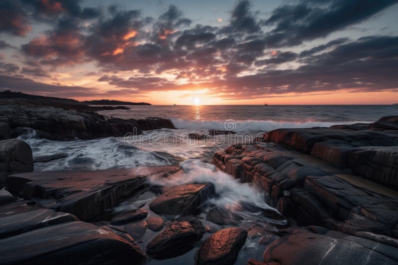 Dramatic Sunset Over Rocky Shoreline, with Clouds and Sky Transitioning ...