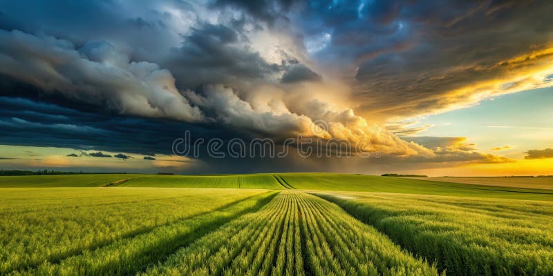 Dramatic Sunset Over Rolling Green Fields with Approaching Storm Clouds ...