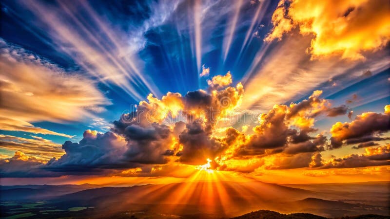 Dramatic Sunset Over Rolling Hills with God Rays. Generative AI Stock ...
