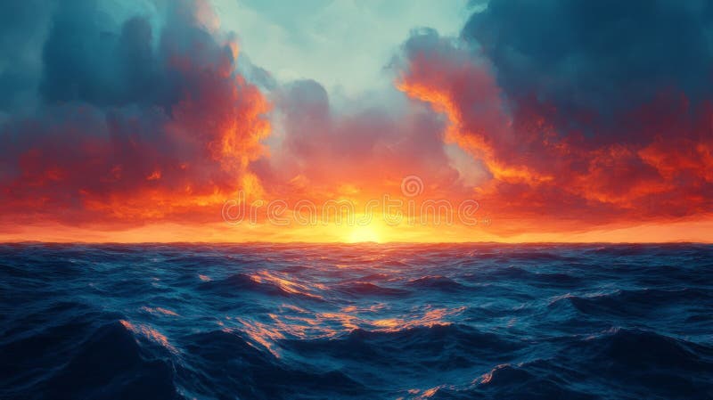 Dramatic Sunset Over a Rough Ocean Surface Stock Illustration ...