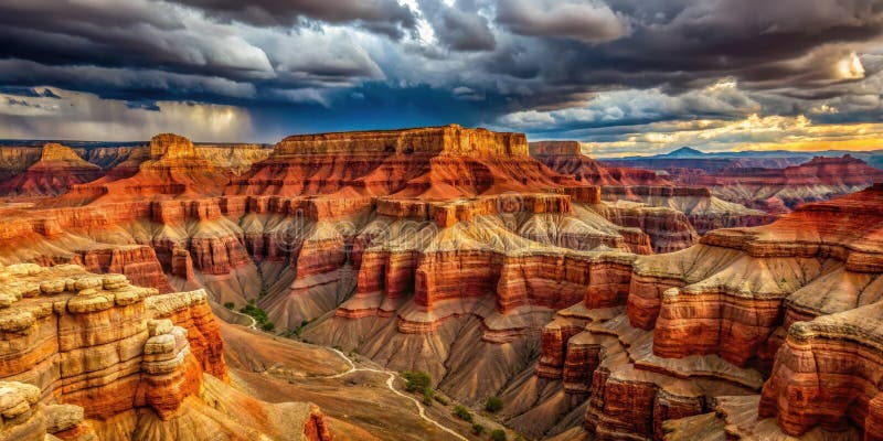 Dramatic Sunset Over a Rugged Canyon Landscape with Storm Clouds ...