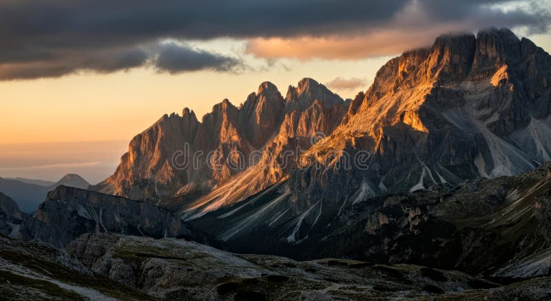 Dramatic Sunset Over Rugged Dolomite Mountains Peaks with Majestic ...