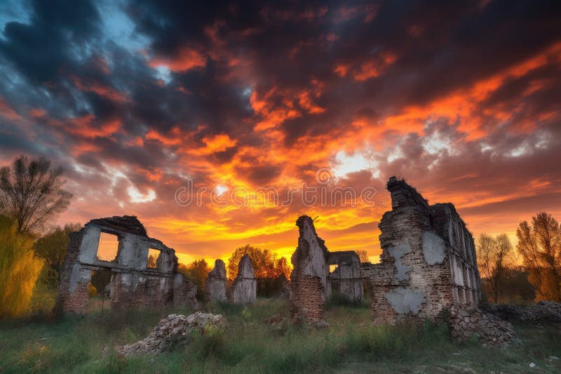 Dramatic Sunset Over the Ruins, with Colorful Sky and Clouds Stock ...