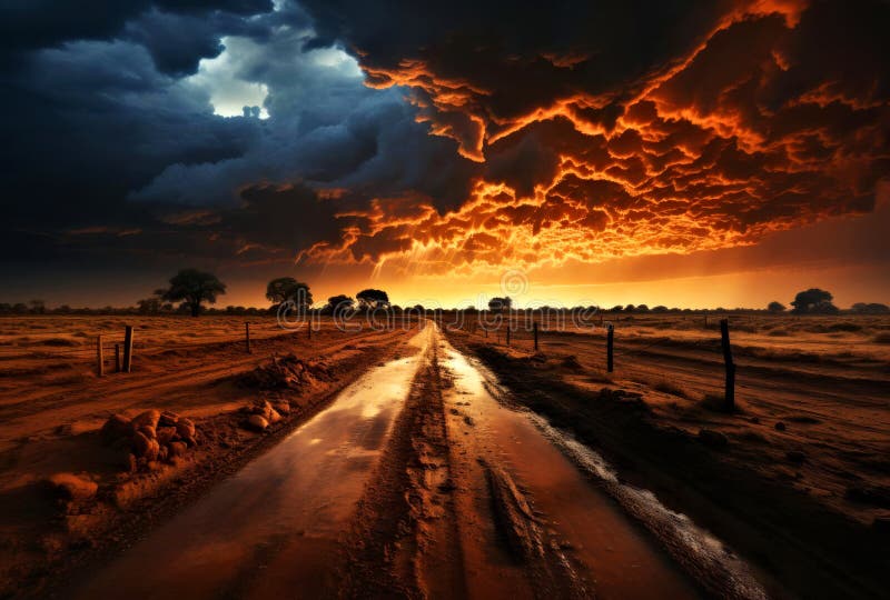 Dramatic Sunset Over a Rural Dirt Road with Storm Clouds and Muddy Path ...