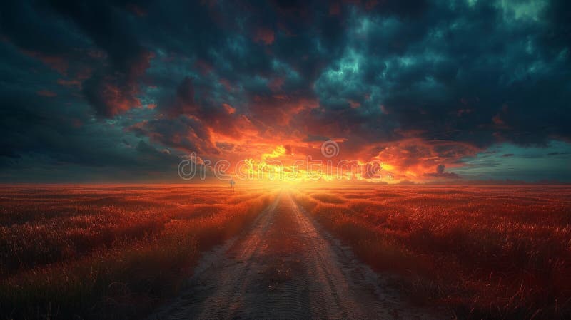 Dramatic Sunset Over a Rural Path in Open Fields with Stormy Clouds ...