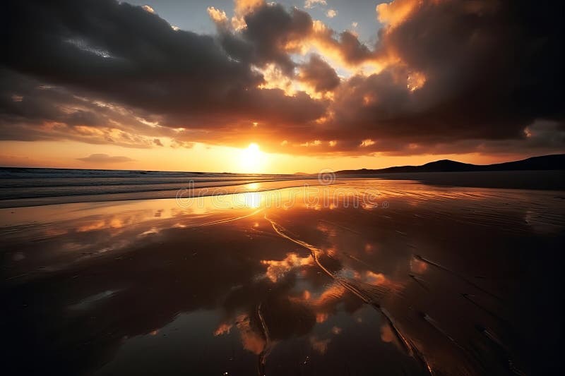 Dramatic Sunset Over the Sea with Reflection on the Sand. Generative AI ...