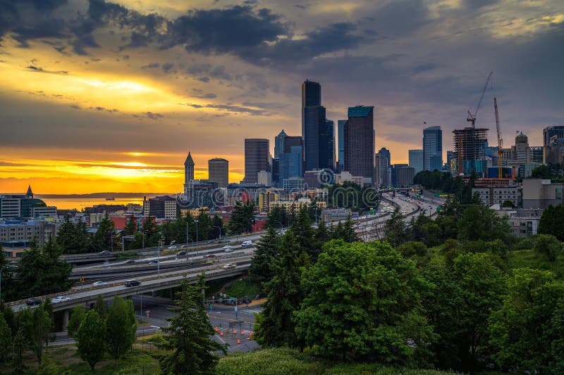 Dramatic Sunset Over Seattle Downtown Skyline Stock Photo - Image of ...