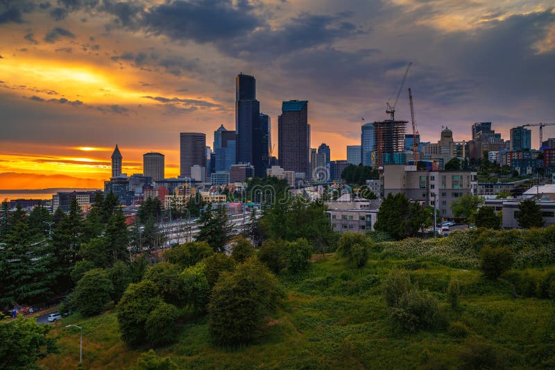 Dramatic Sunset Over Seattle Skyline with Visible Greenery in the ...