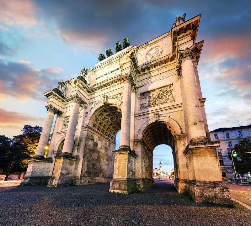 Dramatic Sunset Over Siegestor - Victory Gate Arch in Downtown Munich ...