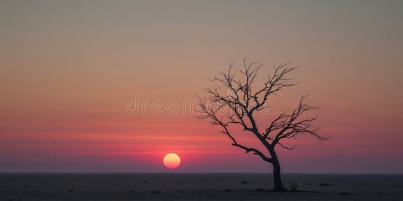 Dramatic Sunset Over Silent Landscape with Bare Tree Silhouette Stock ...
