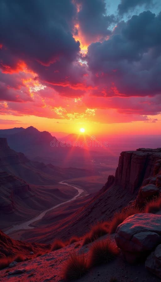 Dramatic Sunset Over Sprawling Desert Vista Distant Mountains Yellow ...