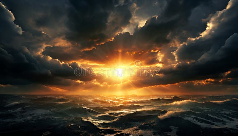 Dramatic Sunset Over Stormy Ocean with Sun Rays Breaking through Clouds ...