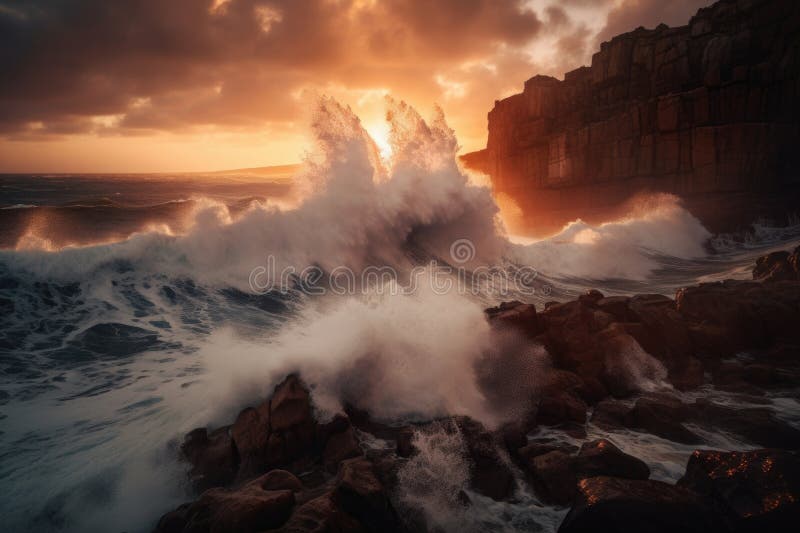 Dramatic Sunset Over Towering Cliffs, with Waves Crashing Against the ...