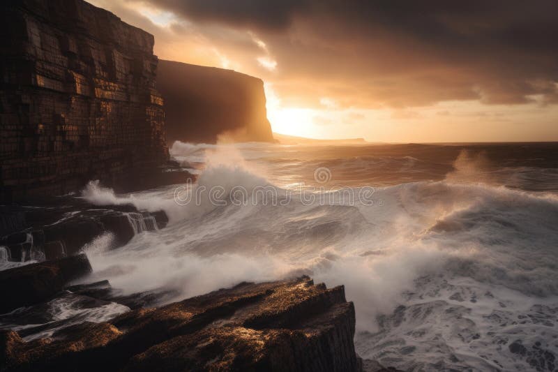 Dramatic Sunset Over Towering Cliffs, with Waves Crashing Against the ...