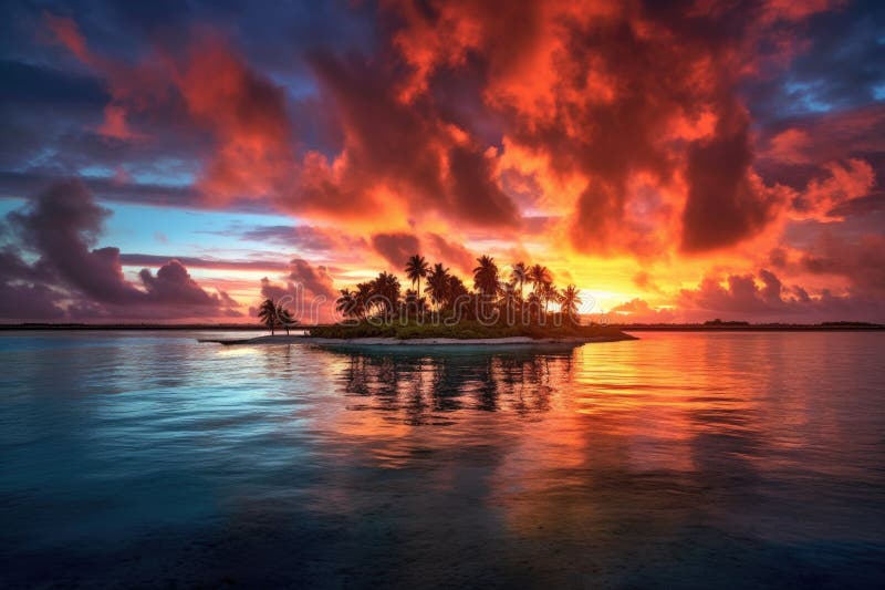 Dramatic Sunset Over a Tranquil Island Atoll Stock Illustration ...