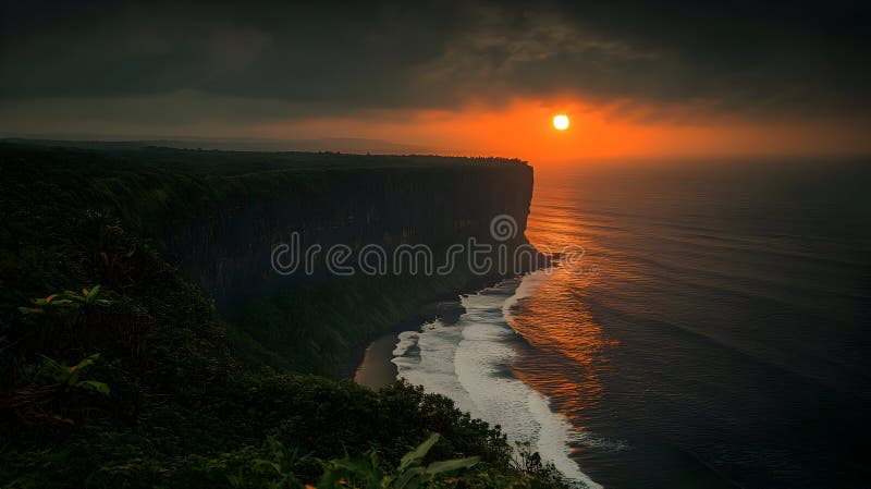 Dramatic Sunset Over Tropical Cliffside Coast Stock Illustration ...