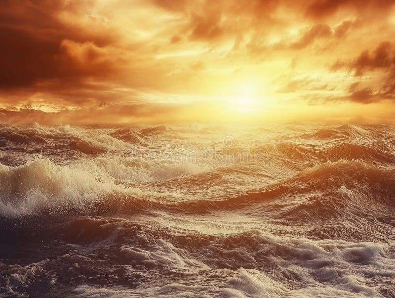 Dramatic Sunset Over Turbulent Ocean Waves Illustrating the Great Flood ...