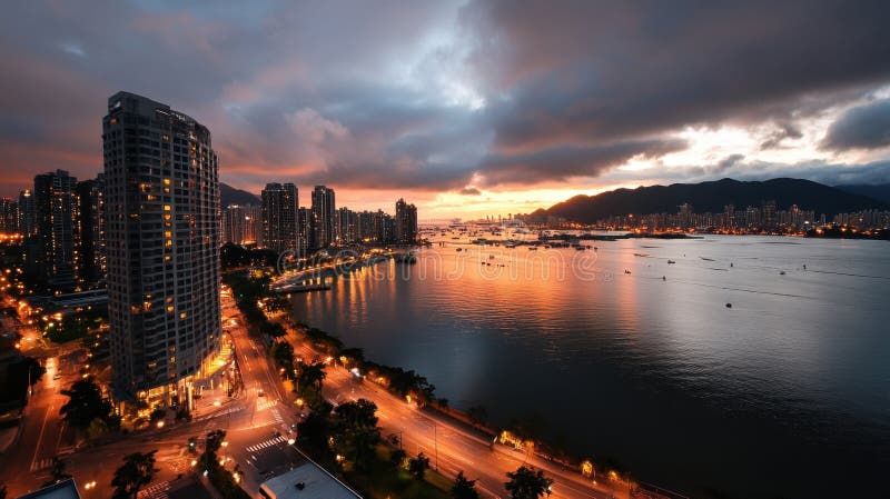 Dramatic Sunset Over Urban Waterfront Skyline with Illuminated ...