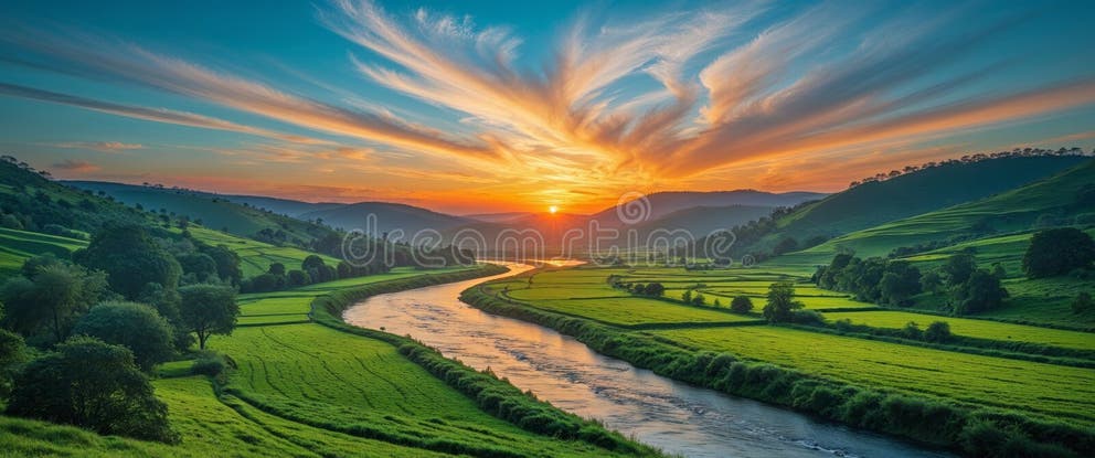 Dramatic Sunset Over Valley with River Winding through Lush Green ...