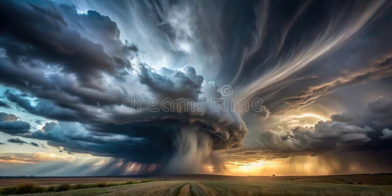 Dramatic Sunset Over a Vast Field with a Massive, Imposing Supercell ...